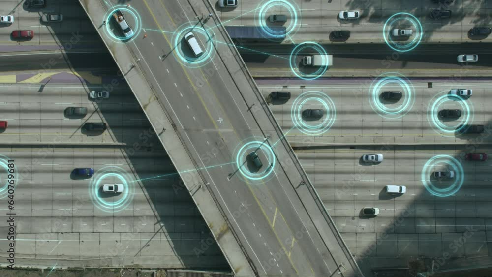 Aerial View of Traffic Autonomous System in Highway. Connected Network ...