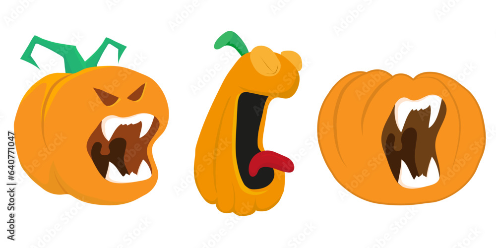 A set of pumpkins depicted in the form of screaming, angry muzzles ...
