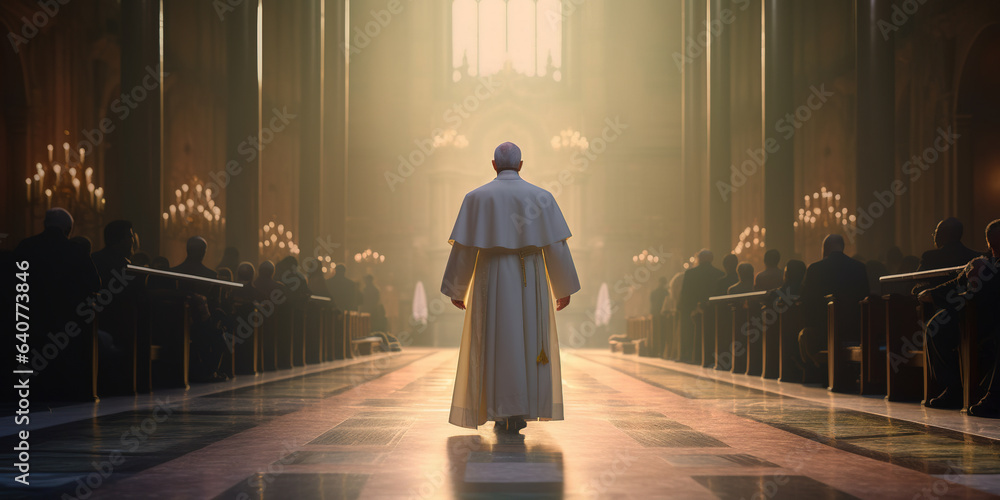 Back view of The Pope walking gracefully through the Church. Symbol of ...