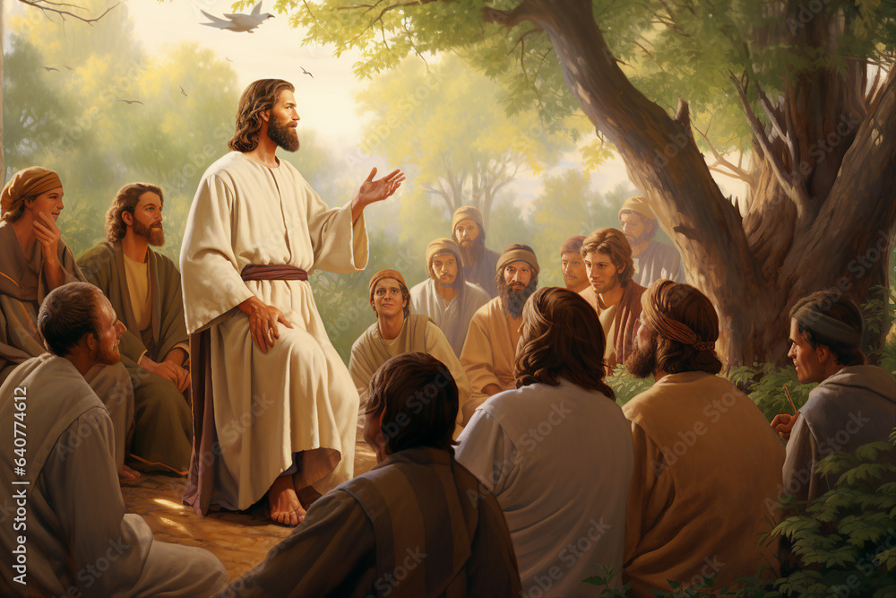 Generative AI picture Jesus teaching and leading his apostles talking to them Stock Photo ...