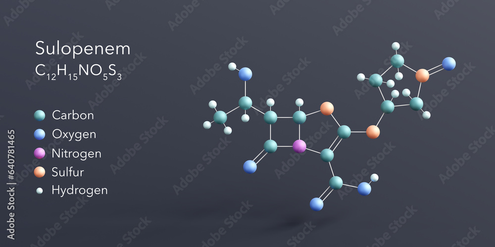 sulopenem molecule 3d rendering, flat molecular structure with chemical ...