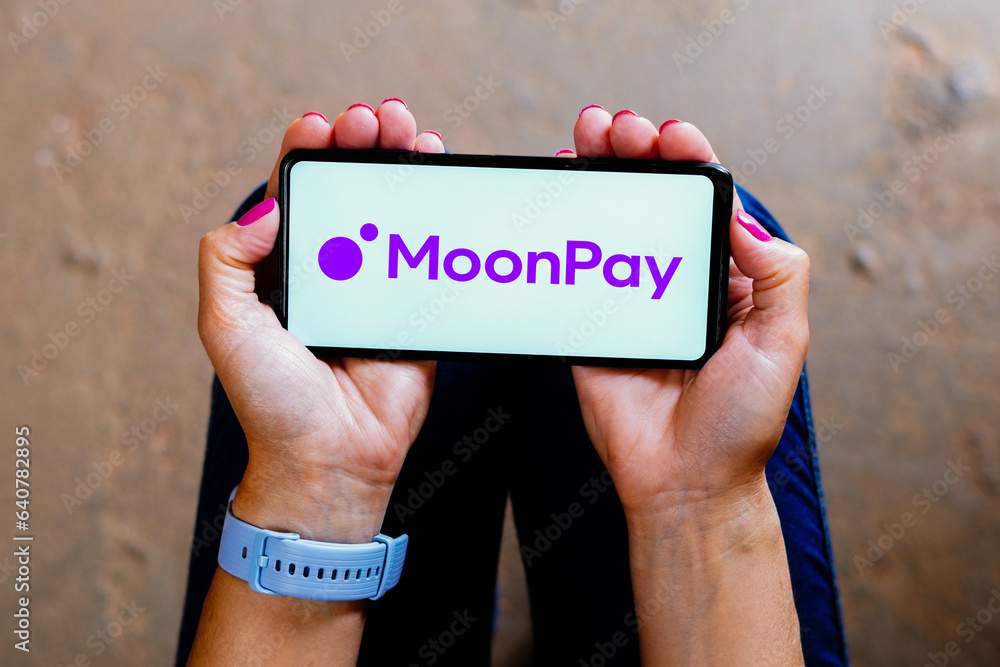 August 29, 2023, Brazil. In this photo illustration, the MoonPay logo seen displayed on a ...