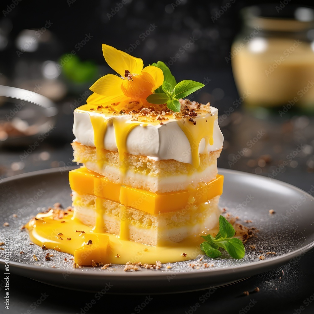 square piece Cake with mango filling, classic sponge cake. cheesy Stock ...