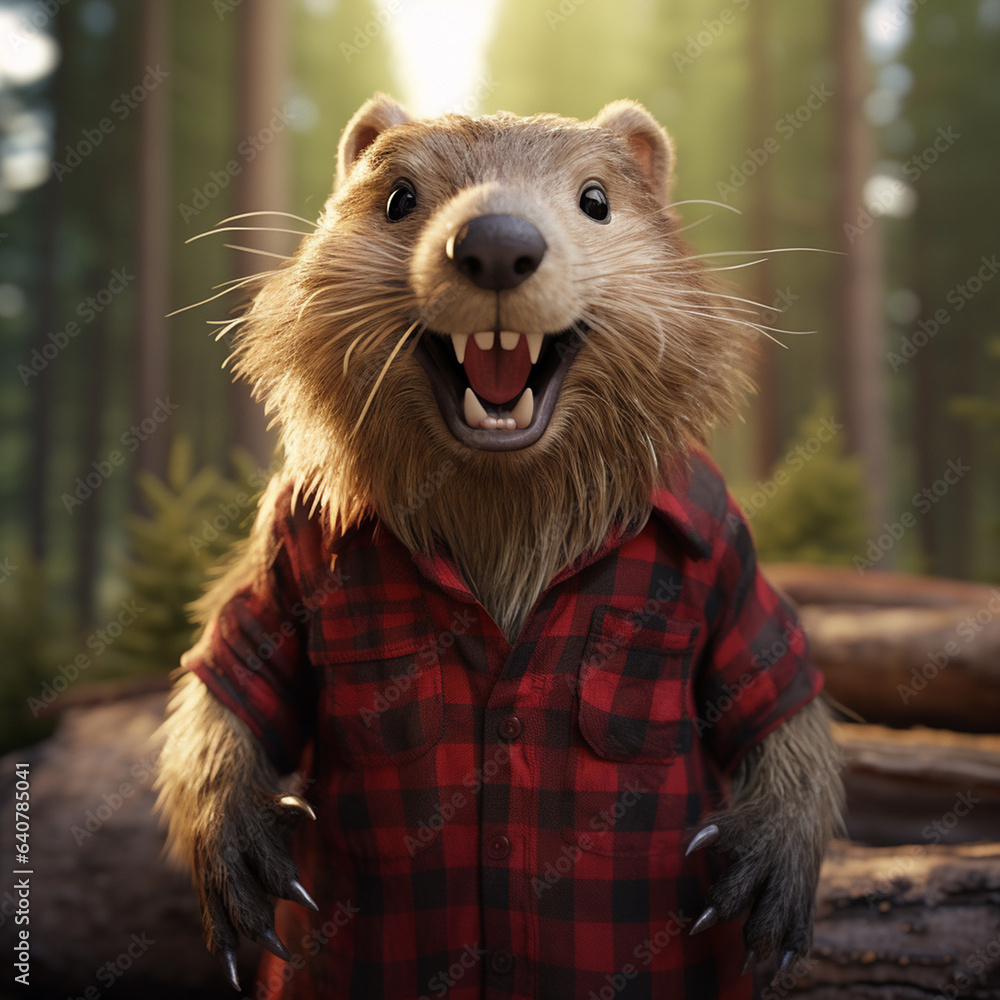 funny looking beaver in the woods wearing a flannel shirt Stock ...
