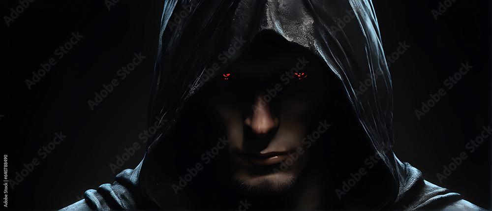Portrait of a misterious man in a hoodie with glowing red eyes on a ...