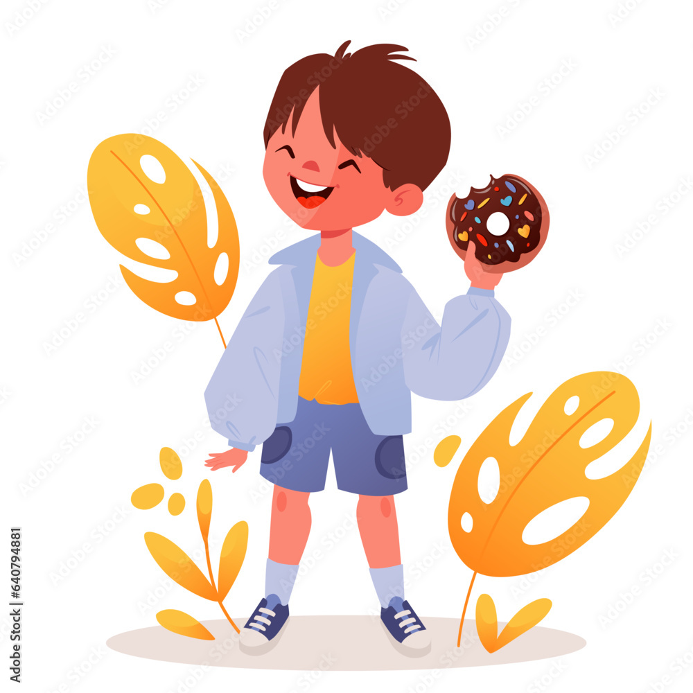 Vector illustration with a happy child eating a big donut sprinkled ...