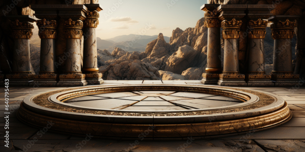 Ancient Greece, old stone podium, background with antique columns and ...