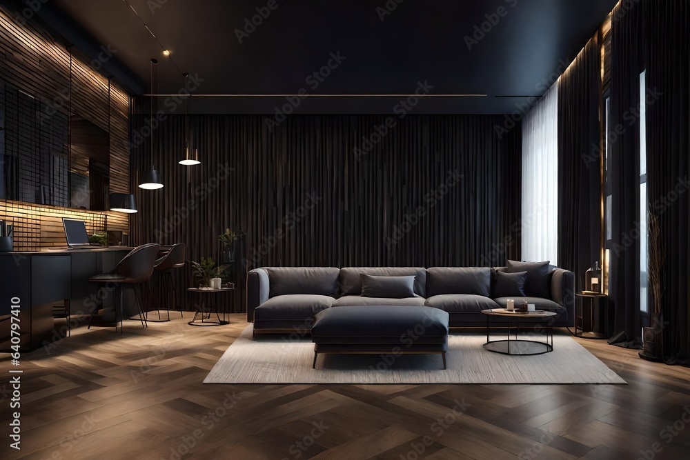 Stylish modern room area with wooden floor parquet and 3d panel wall ...