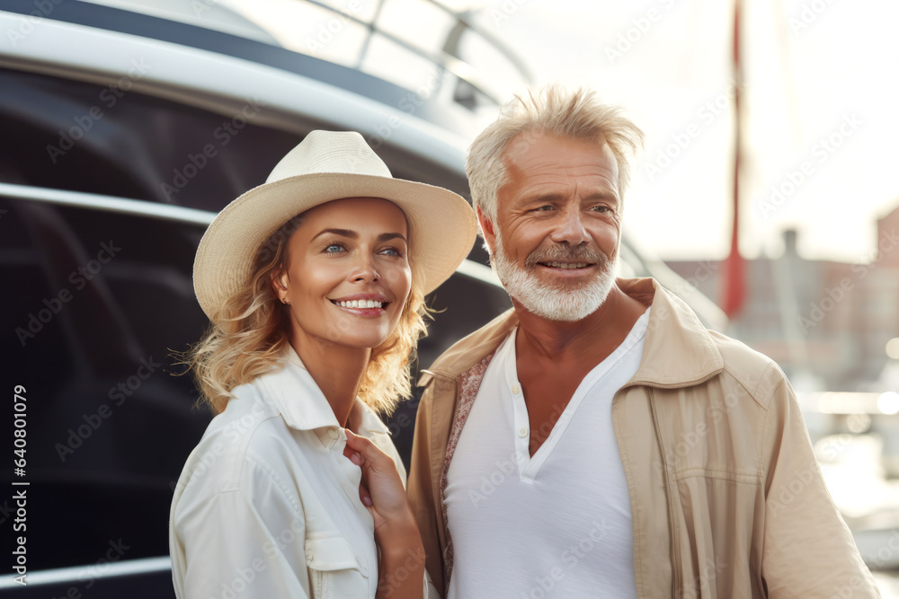 An elite, affluent couple strolls leisurely by a marina, exuding ...