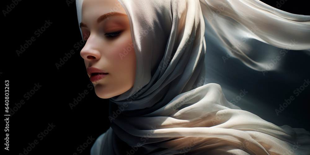 Dreamy Muslim woman in hijab against black backdrop. A portrait ...