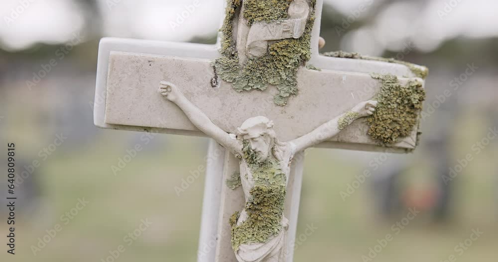 Funeral, tombstone or Jesus Christ on cross in cemetery for death ...