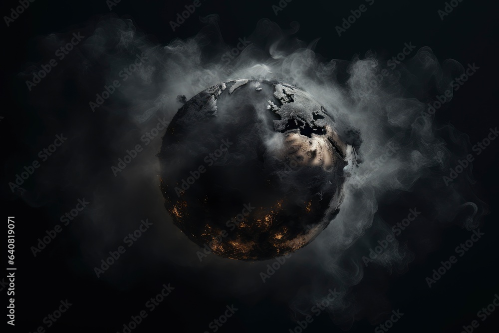 The earth with smoke rising from its surface in black and white created ...