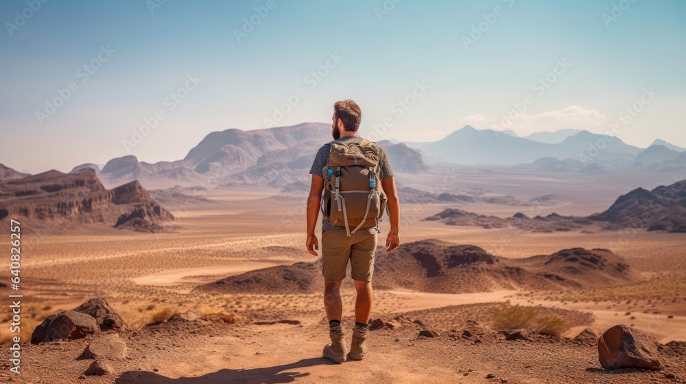 Male hiker, full body, view from behind, standing in the desert Stock ...
