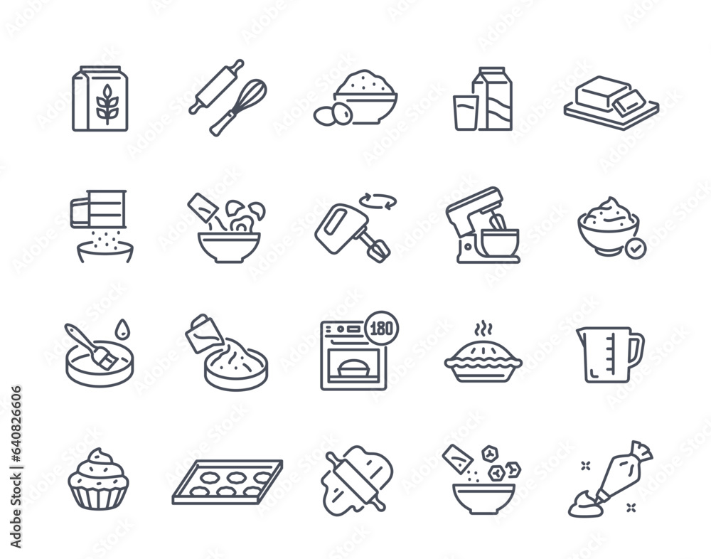 Baking ingredients icons set. Outline dough for muffins, pie or cookies ...