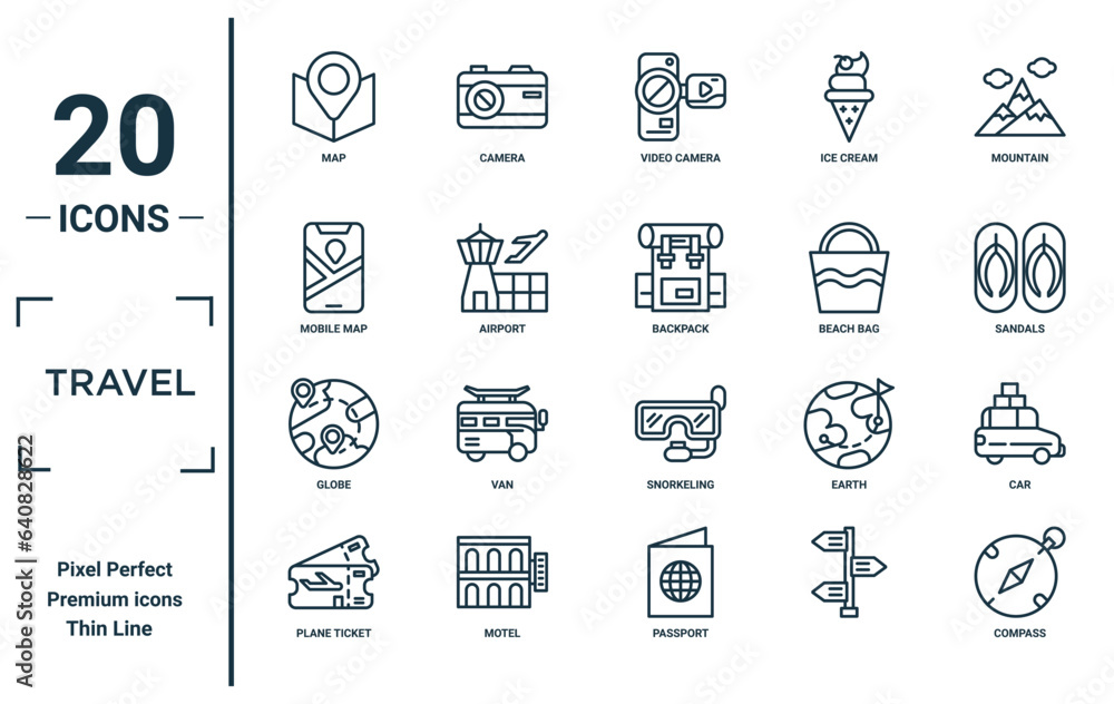 travel linear icon set. includes thin line map, mobile map, globe ...