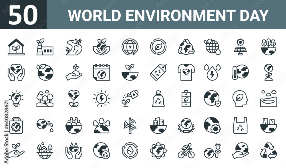 Vetor de set of 50 outline web world environment day icons such as ...