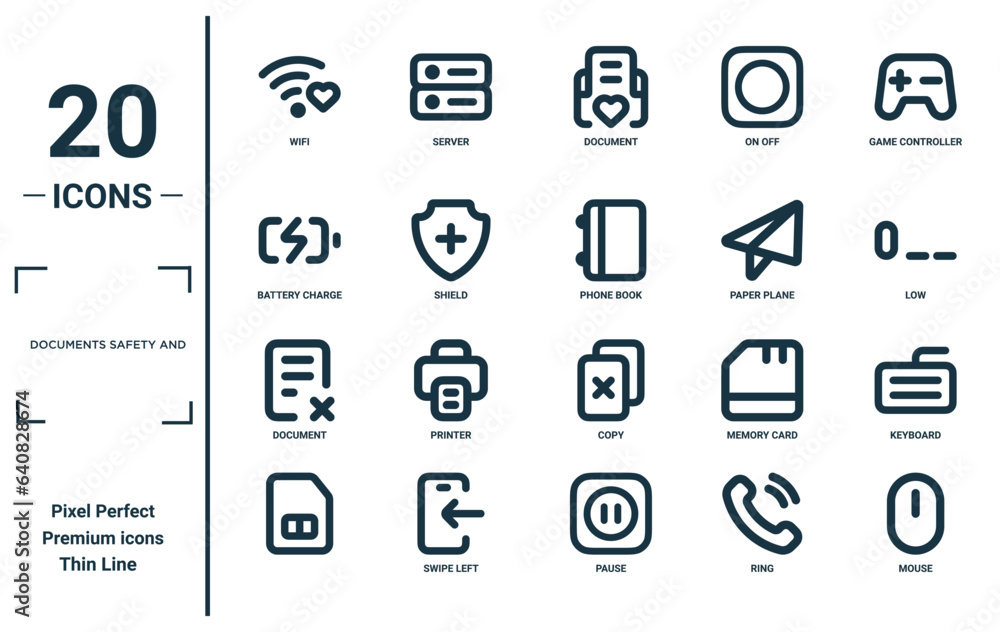 documents safety and linear icon set. includes thin line wifi, battery charge, document, , mouse ...