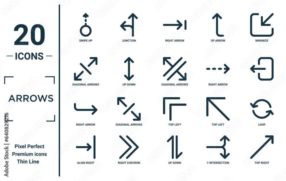 arrows linear icon set. includes thin line swipe up, diagonal arrows ...