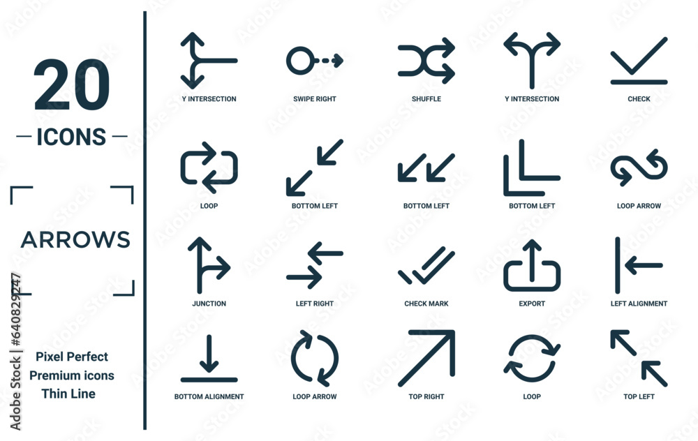 arrows linear icon set. includes thin line y intersection, loop, junction, bottom alignment, top ...