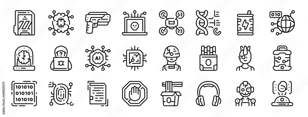 set of 24 outline web cyberpunk icons such as card, implant, gun ...