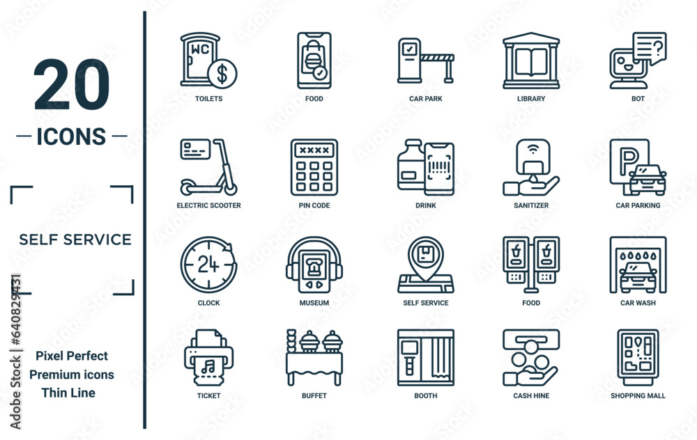 self service linear icon set. includes thin line toilets, electric ...