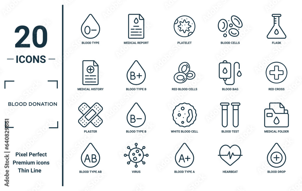blood donation linear icon set. includes thin line blood type, medical ...