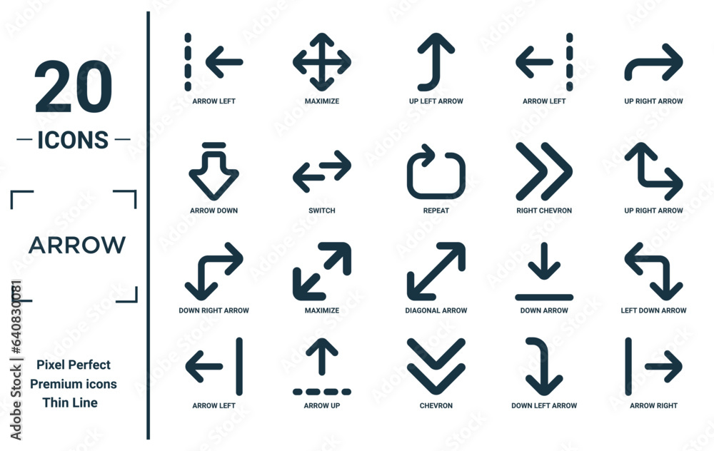 arrow linear icon set. includes thin line arrow left, arrow down, down right left, right, repeat ...