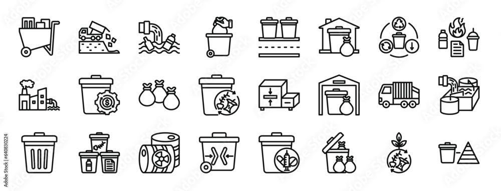set of 24 outline web waste disposal icons such as carriage wheel ...
