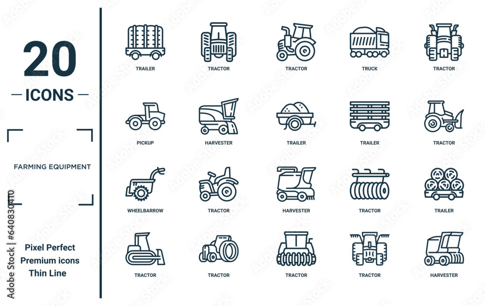 farming equipment linear icon set. includes thin line trailer, pickup ...