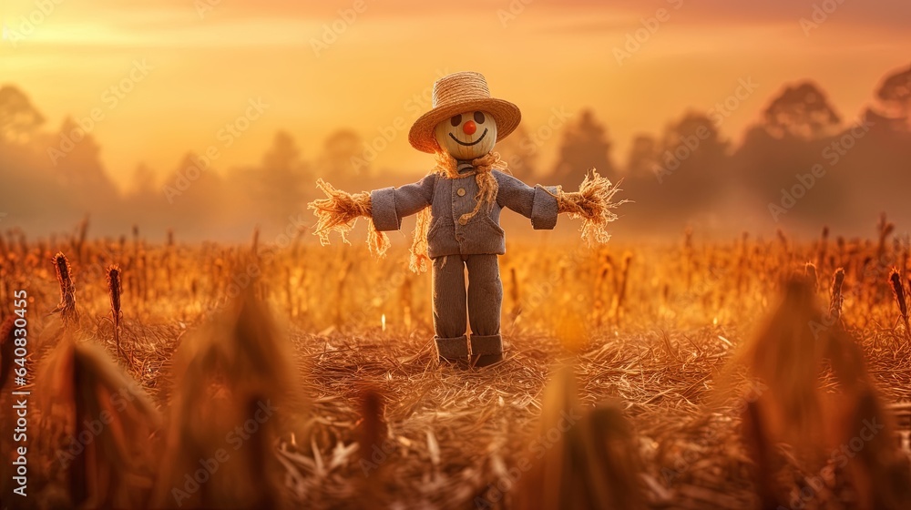Scarecrow, hay man standing in an autumnal, foggy field, booh! Scaring ...