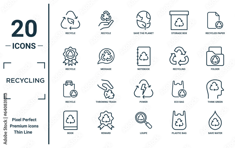 recycling linear icon set. includes thin line recycle, recycle, recycle ...