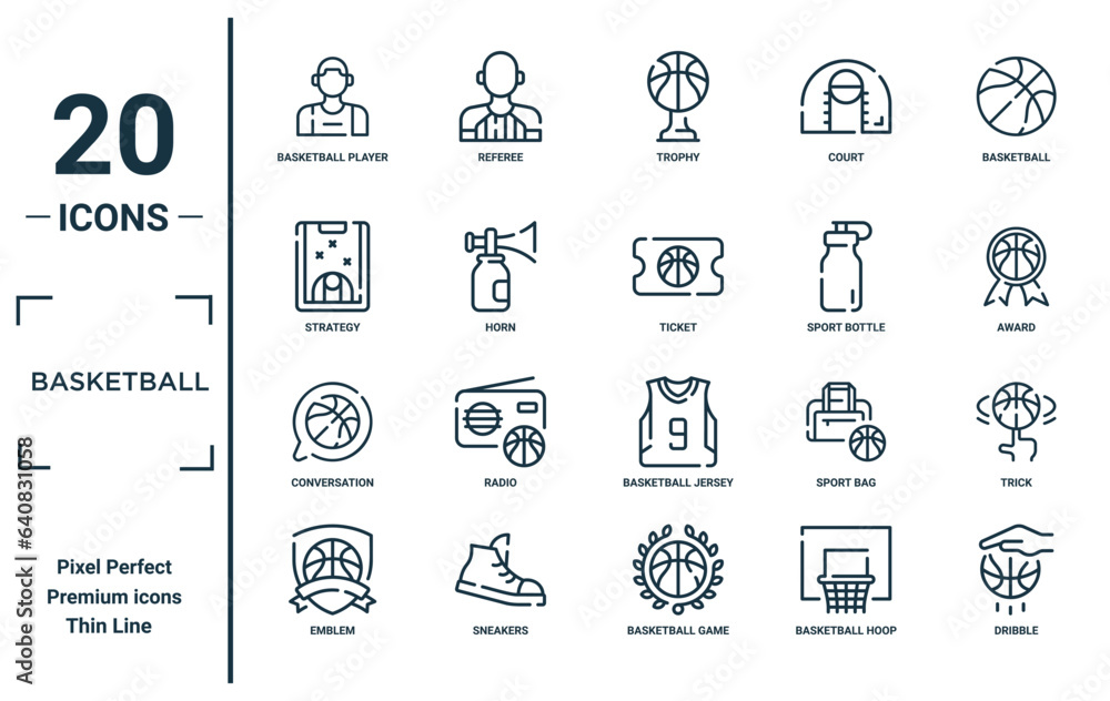 basketball linear icon set. includes thin line basketball player ...