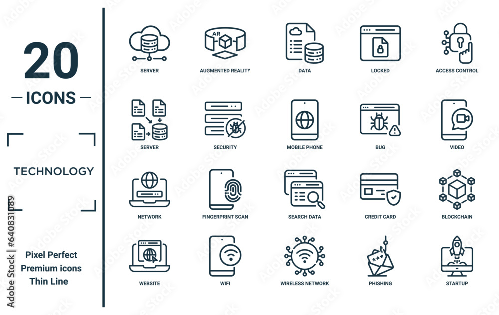 technology linear icon set. includes thin line server, server, network, website, startup, mobile ...