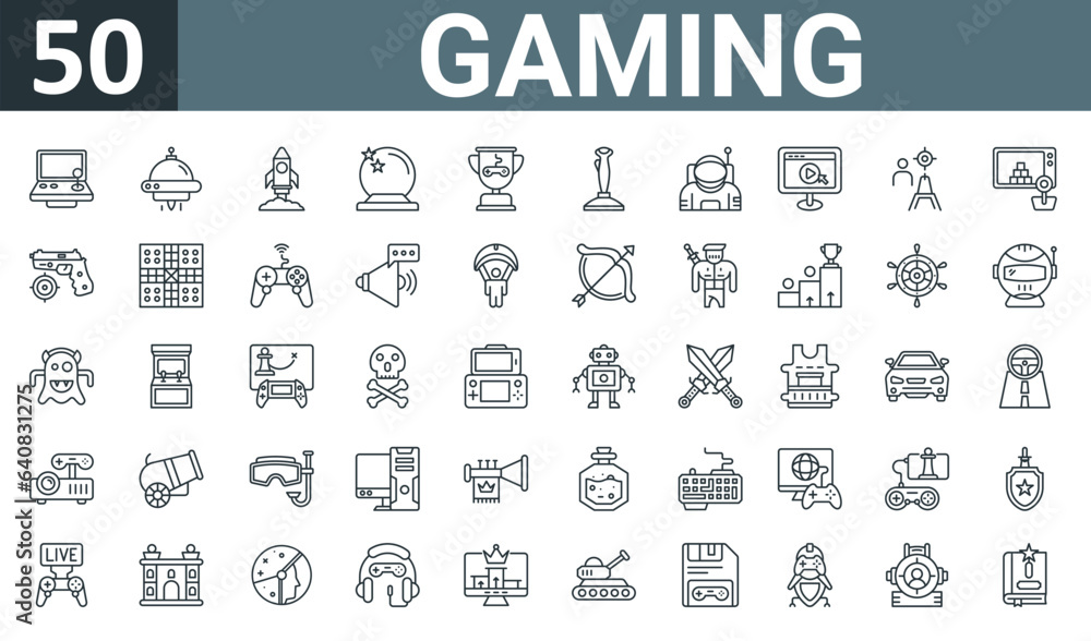 set of 50 outline web gaming icons such as arcade game, flagship, space ...
