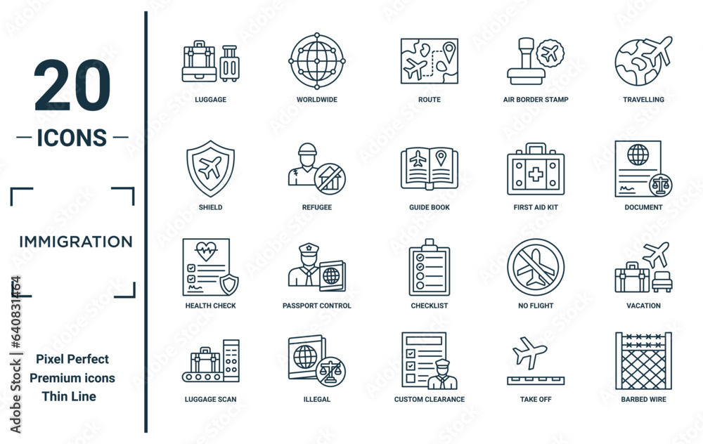 immigration linear icon set. includes thin line luggage, shield, health ...