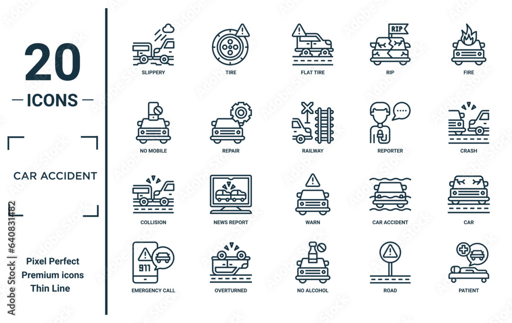 car accident linear icon set. includes thin line slippery, no mobile ...