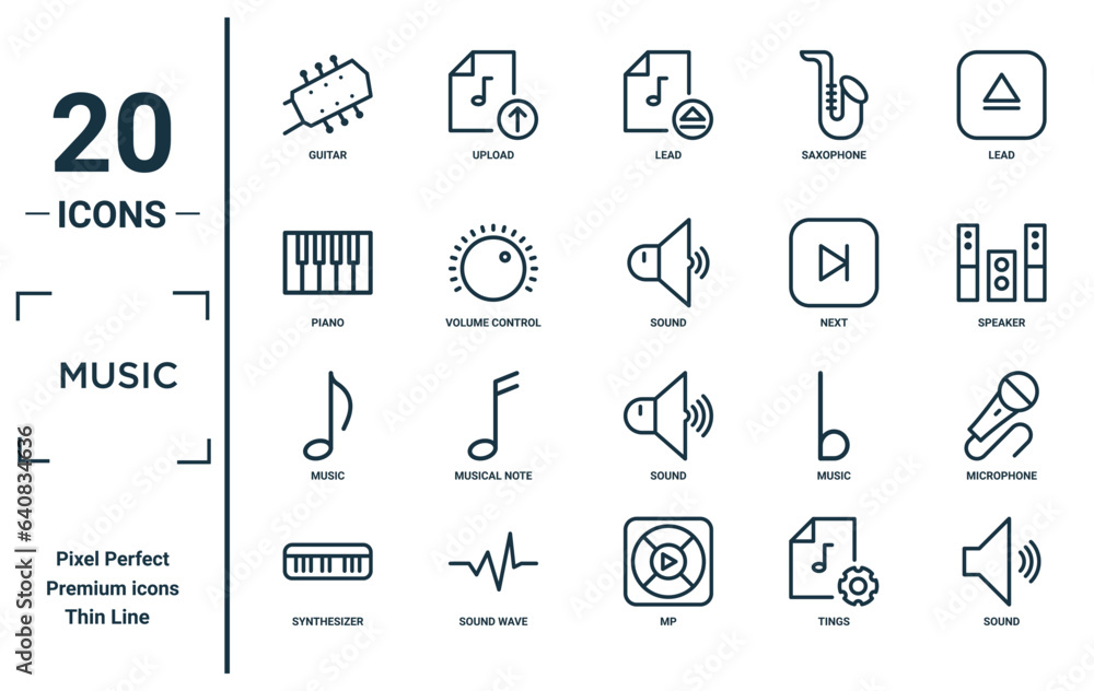 music linear icon set. includes thin line guitar, piano, music ...