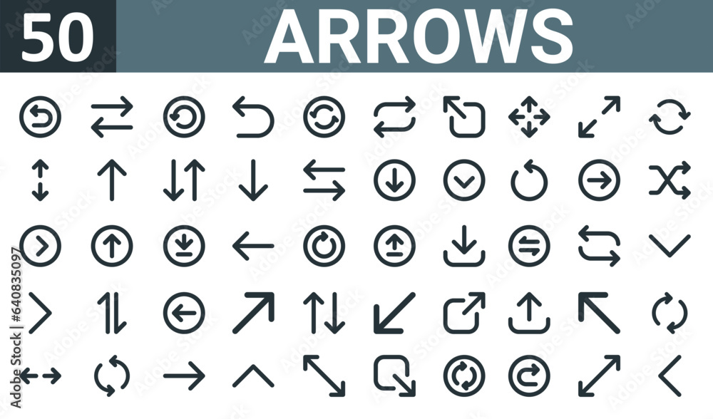 set of 50 outline web arrows icons such as undo, right left, rotate ...