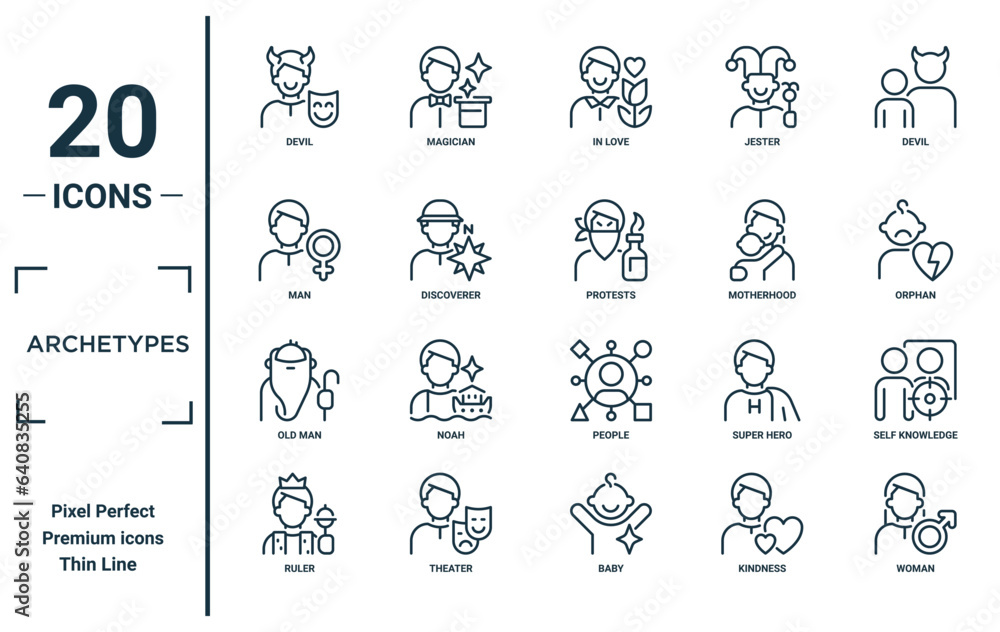 Vetor de archetypes linear icon set. includes thin line devil, man, old ...