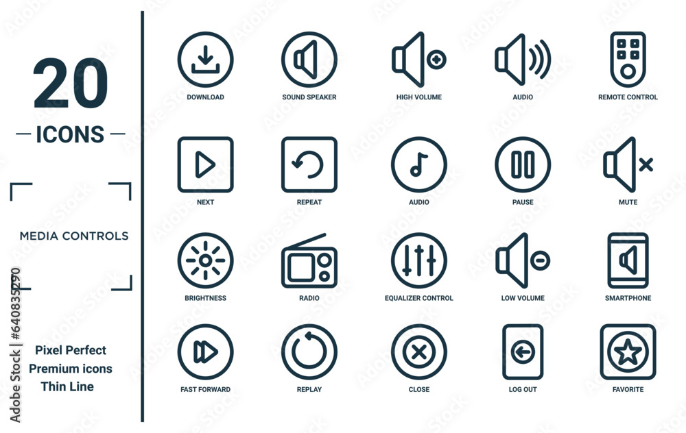 media controls linear icon set. includes thin line download, next ...