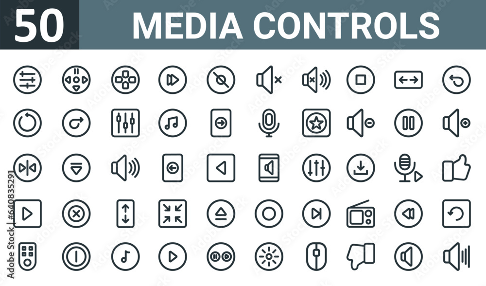 set of 50 outline web media controls icons such as equalizer, music ...