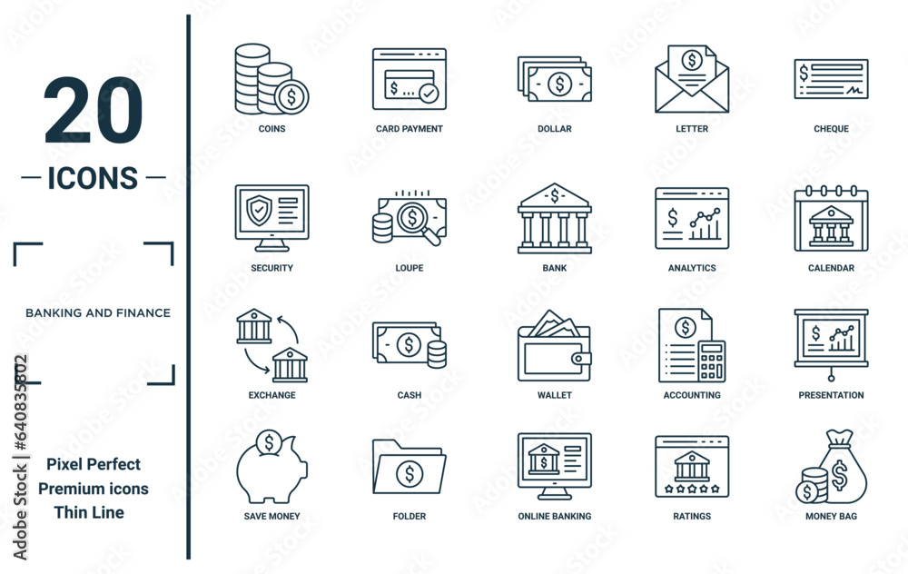 banking and finance linear icon set. includes thin line coins, security ...