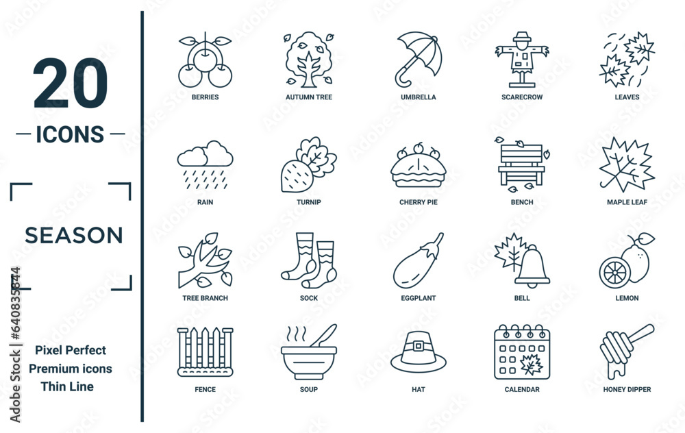 season linear icon set. includes thin line berries, rain, tree branch ...