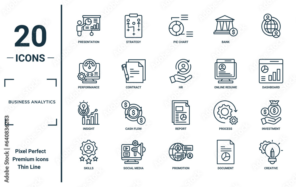 Vetor de business analytics linear icon set. includes thin line presentation, performance ...