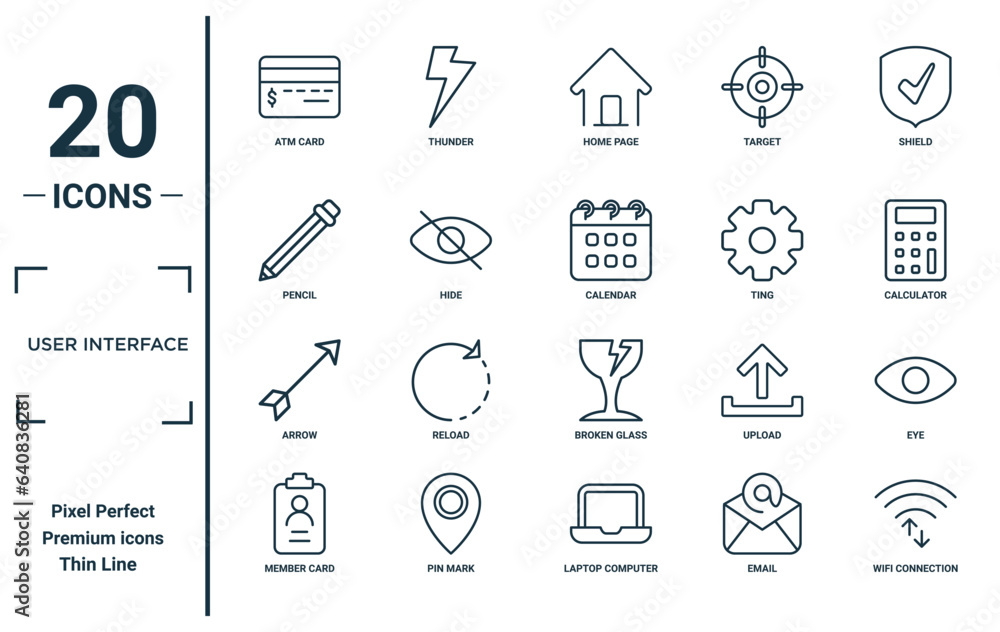 user interface linear icon set. includes thin line atm card, pencil, arrow, member card, wifi ...