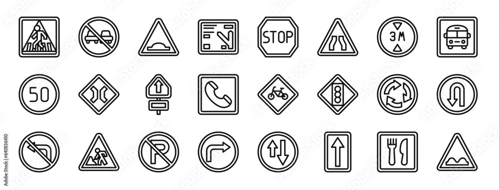 set of 24 outline web traffic sign icons such as crosswalk, no ...