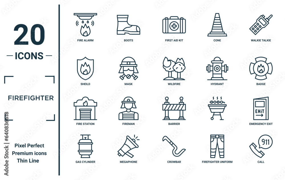 firefighter linear icon set. includes thin line fire alarm, sheild ...