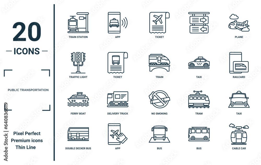 public transportation linear icon set. includes thin line train station ...
