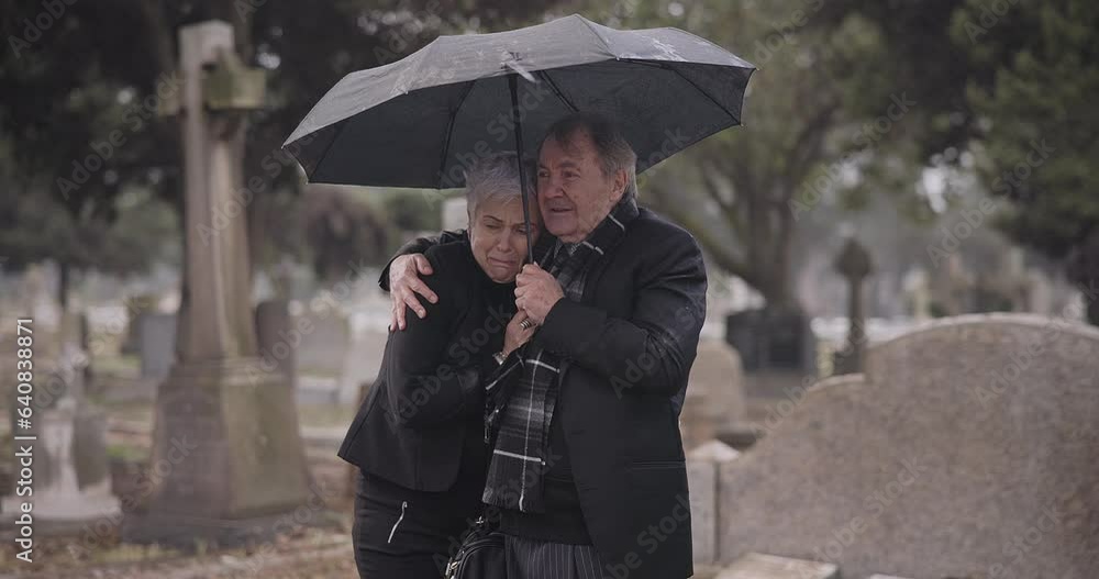 Support, death or old couple in cemetery for funeral, service or burial ...
