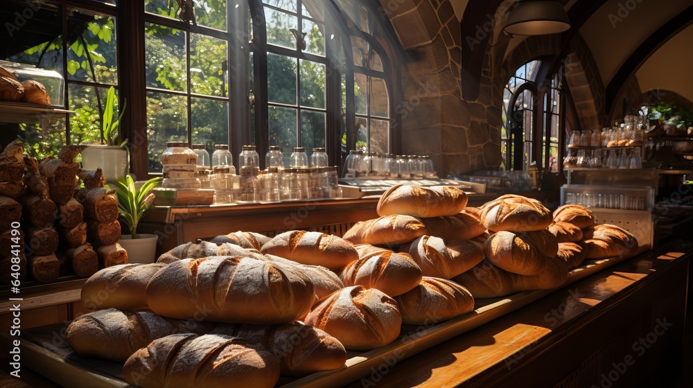Bakery showcase. Various breads, baguettes. Rye, buckwheat, bran ...